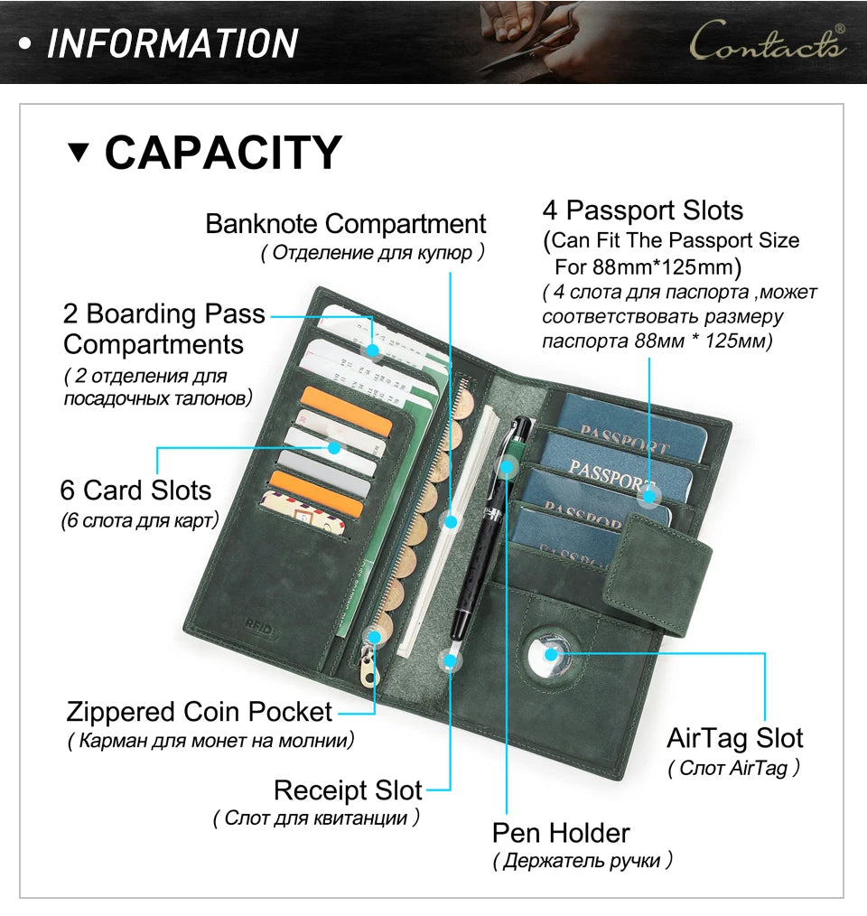 Genuine Leather Family Passport Wallet with Anti-lost Airtag Case Pass ...